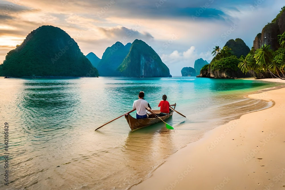 Tourists exploring the beaches and lagoons of bacuit archipeligo, el ...