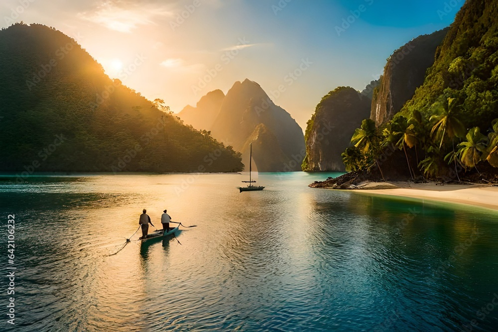 Tourists exploring the beaches and lagoons of bacuit archipeligo, el ...