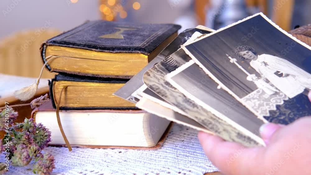 old family photos in vintage interior, stack nostalgic sentimental ...