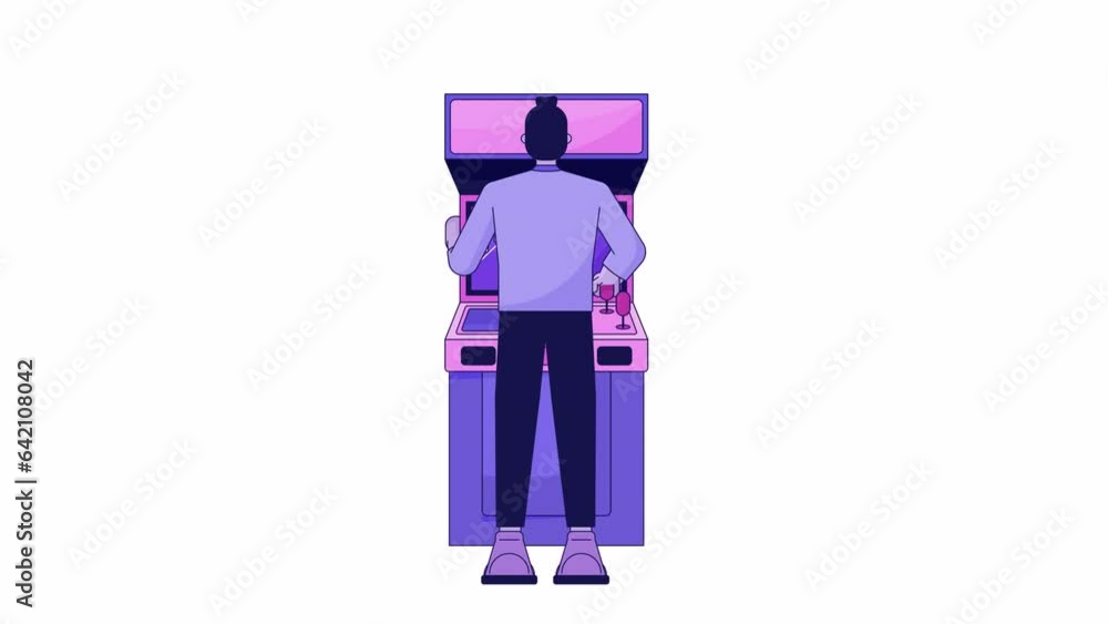 Man playing arcade game on machine line 2D character animation. 80s ...