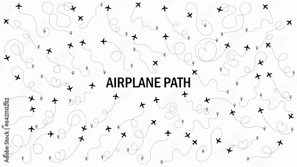 Airplane or aeroplane routes path set. Travel concept from start point ...