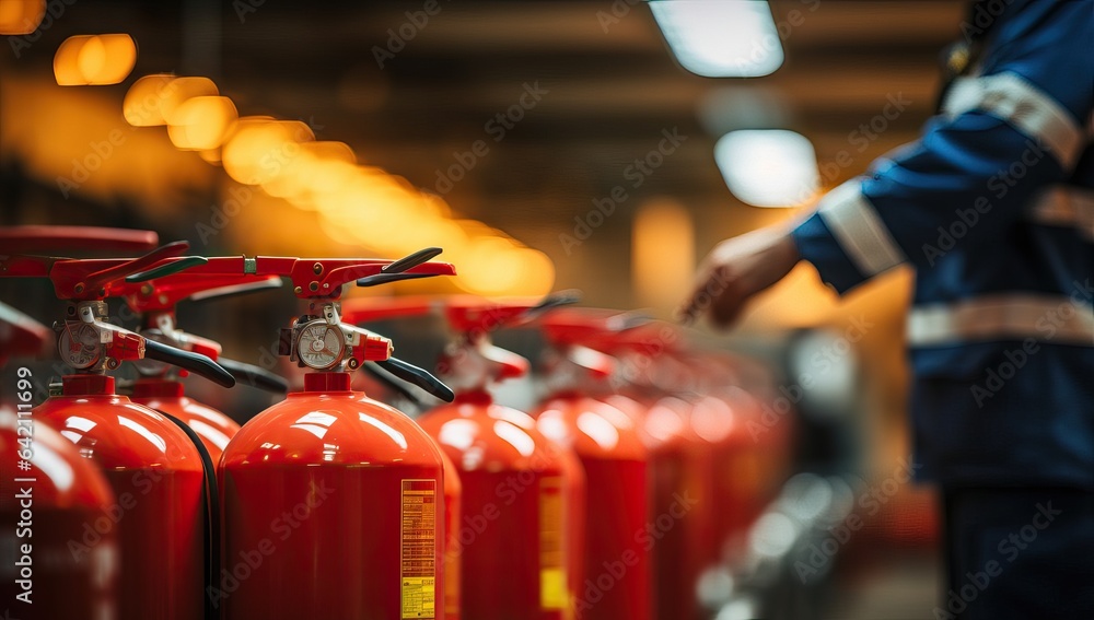 Fire extinguisher in the fire department with blurred background and ...