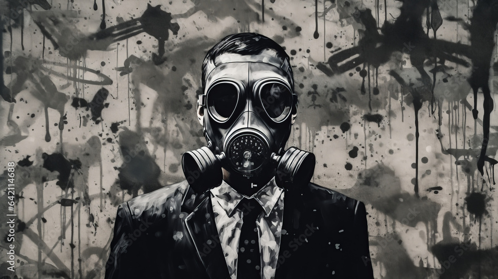 A businessman in a gas mask. Stencil art. Corporate greed. Excess. Mega ...
