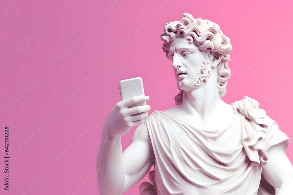 Ancient Greek God sculpture, man using smartphone on pastel background ...