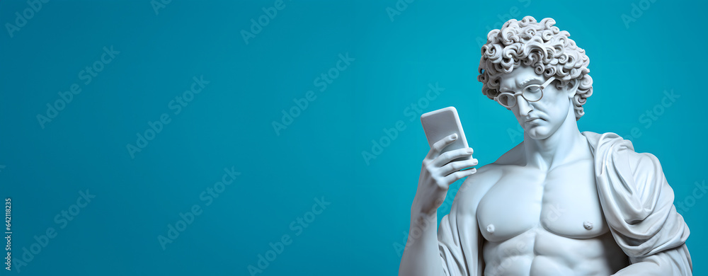 Ancient Greek God statue with glasses, using modern smartphone, on ...