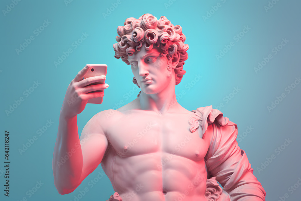 Ancient Greek God statue using modern smartphone, on pastel blue ...