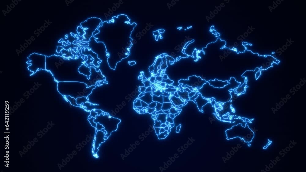 Digital Technology World Map Animation. Glowing Connections in Global ...