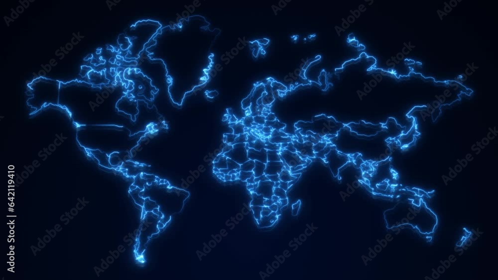 Digital Technology World Map Animation. Glowing Connections in Global ...