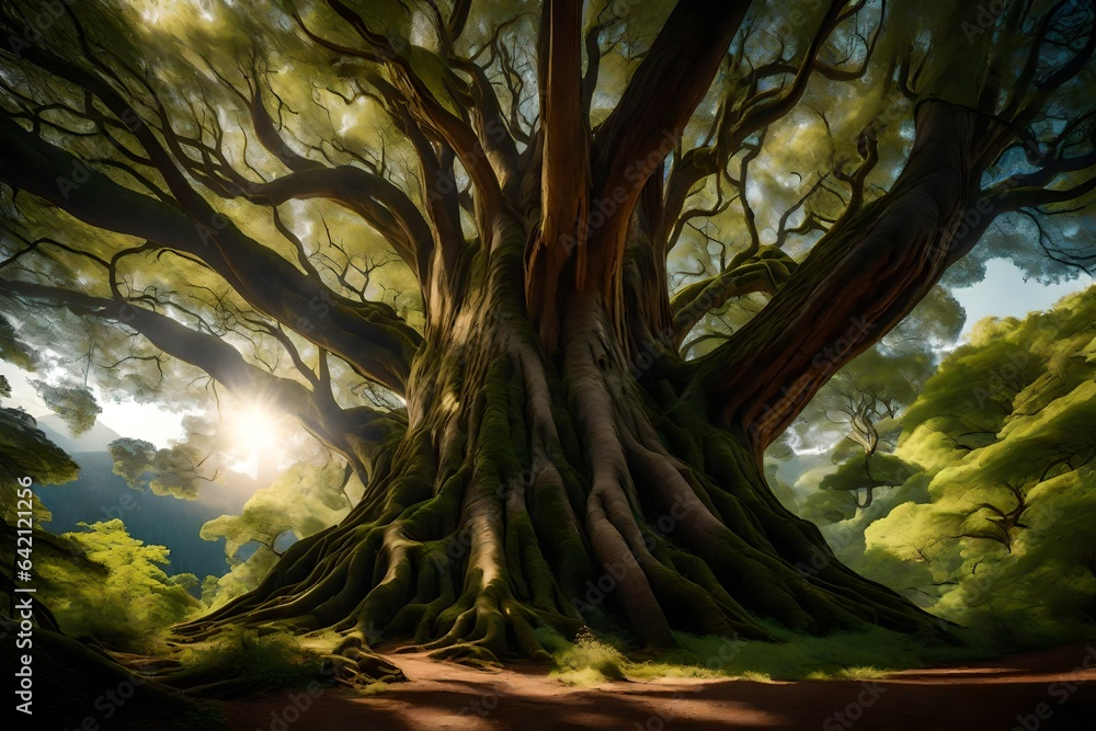 Capture the timeless grandeur of old-growth trees, their massive trunks ...