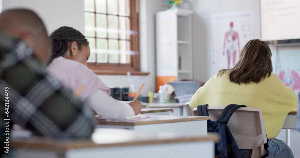 Human, body and students studying in classroom with science, education ...