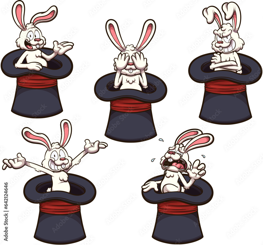 White Rabbit In Magician Hat Set. Vector illustration with simple ...