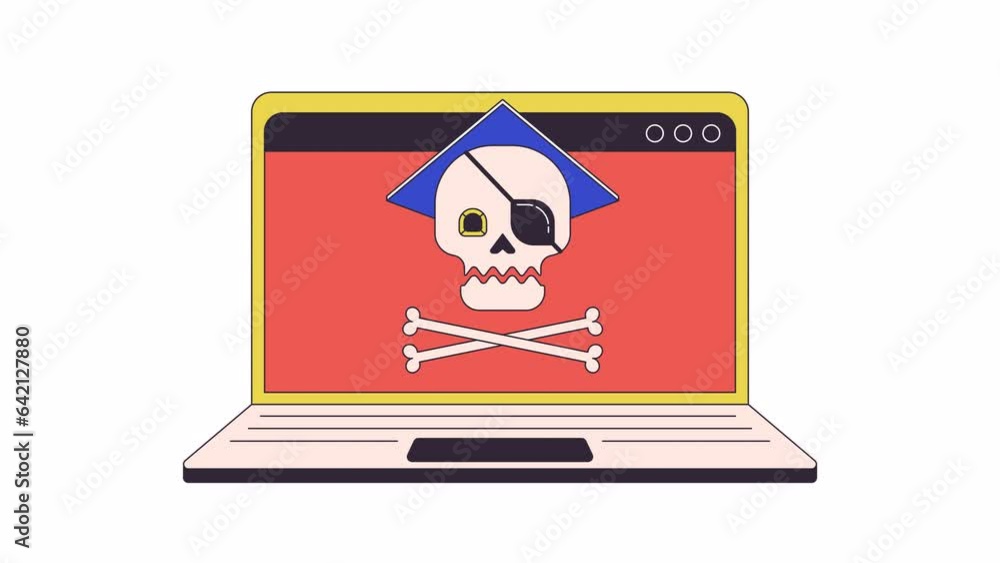 Infected computer virus attack line 2D animation. Laptop malware skull ...