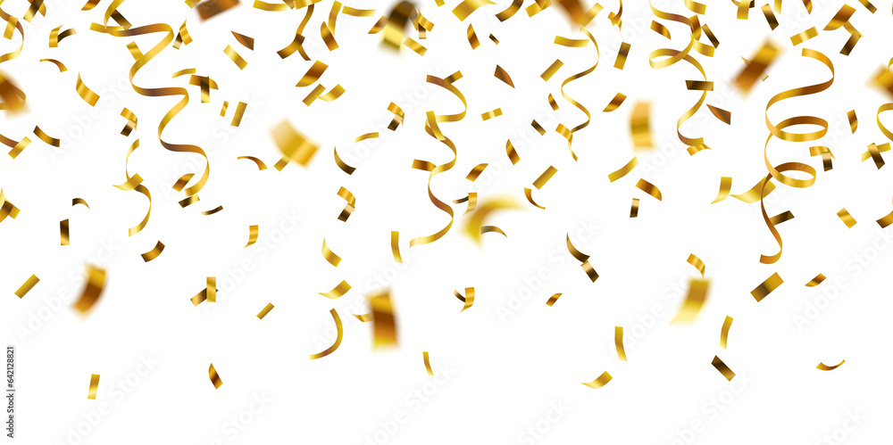 Realistic falling gold confetti and streamers seamless pattern on ...