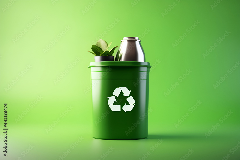 Green trash bin filled with organic waste ready for recycling isolated ...