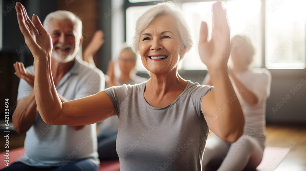 Seniors training calm exercises for elderly wellness, yoga fitness ...
