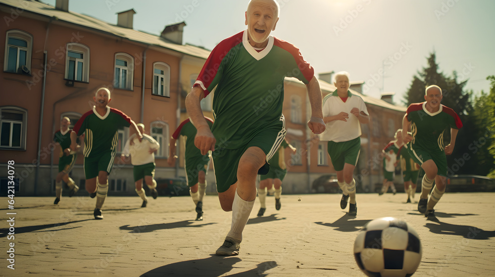 Smiling seniors playing soccer as a recreational activity. Seniors ...