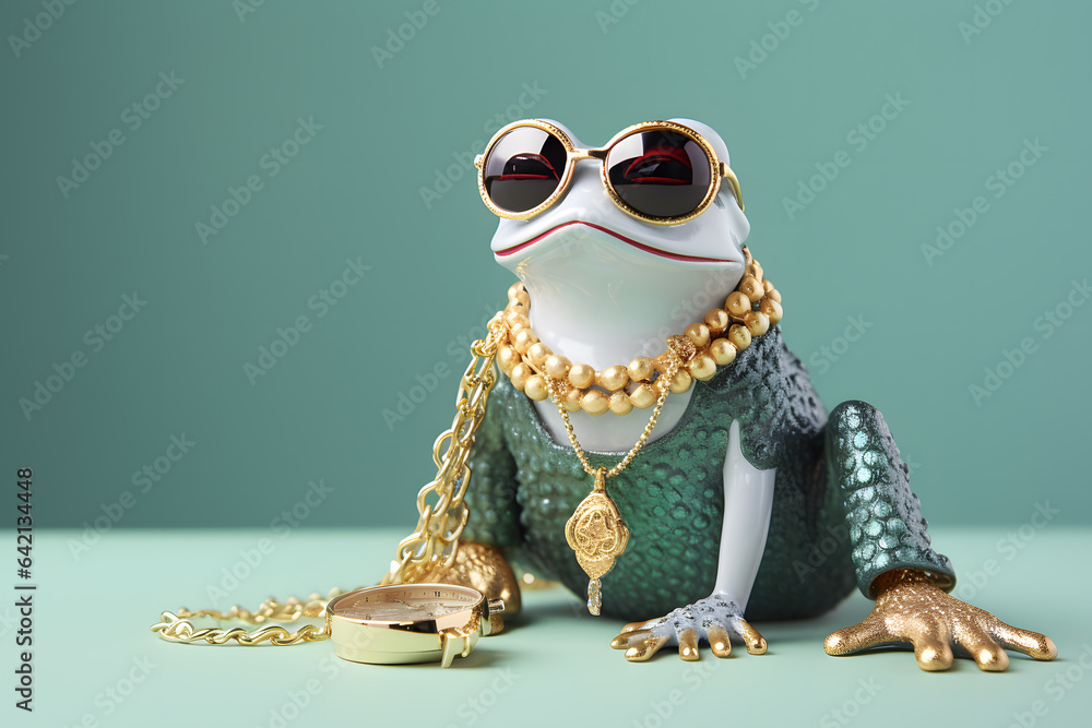 Modern Feng Shui fortune frog with glasses, golden chain and necklace ...
