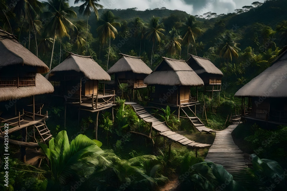 Hidden jungle village with thatched-roof huts and wooden walkways - AI ...