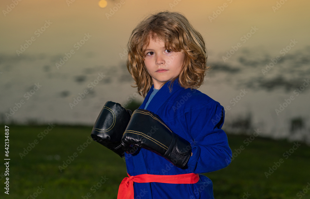 Little karate fighter. Kid boy practicing karate outdoor. Sport karate ...