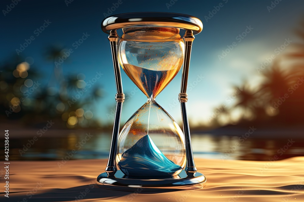 Time is running fast. Hourglass with blue sand inside in mature woman's ...