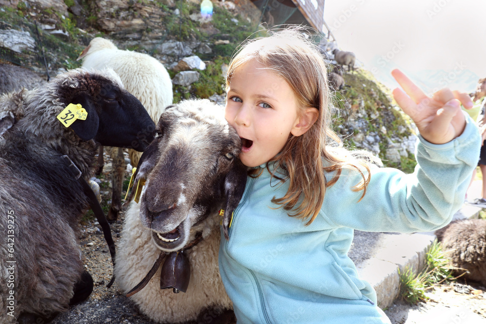 funny happy smiling child girl hugging sheep at farm, children love ...