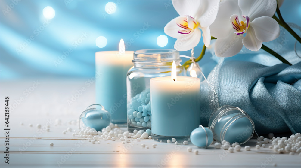 Spa salon light blue composition in wellness center. Spa still life ...