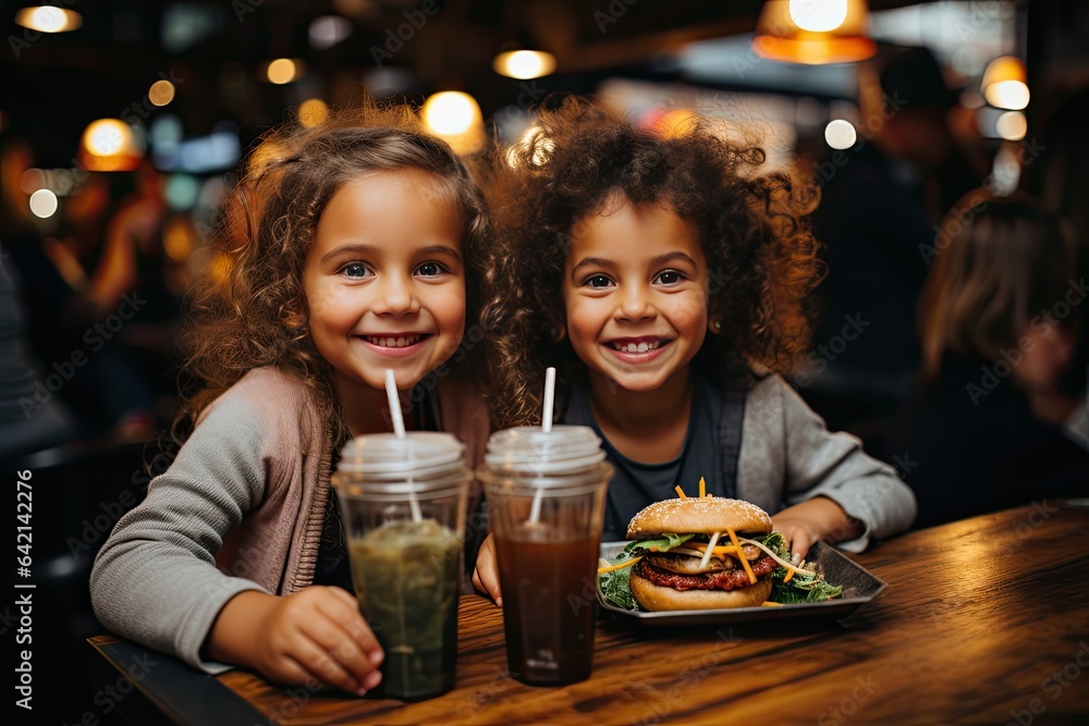Two happy little American children boy and girl sit by the table and ...