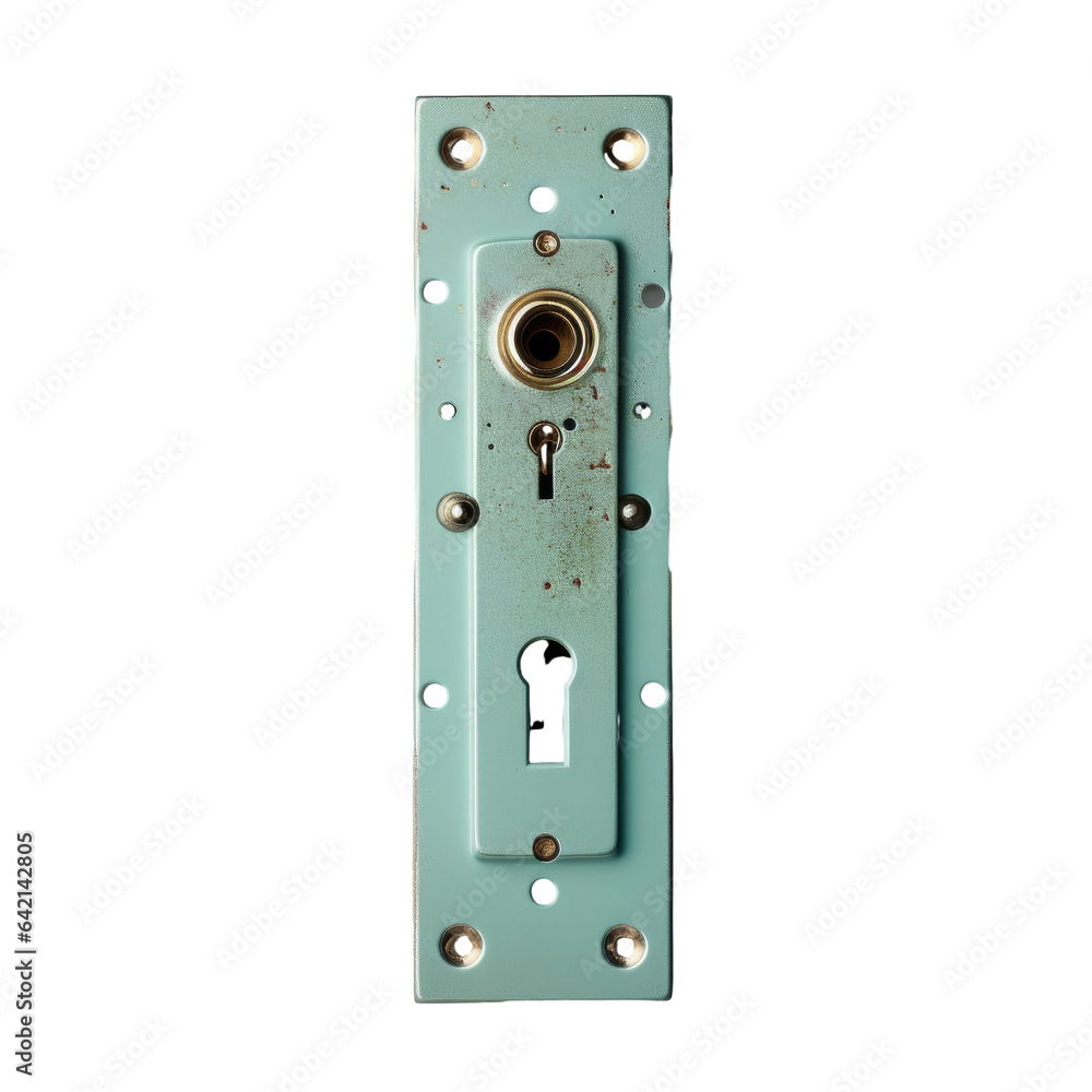 Steel colored entrance door lock with rectangular bolt and latch on a ...