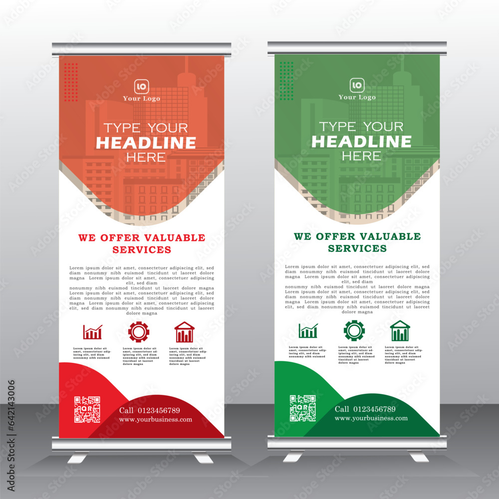 Roll up banner template design for business, modern x-banner with green ...