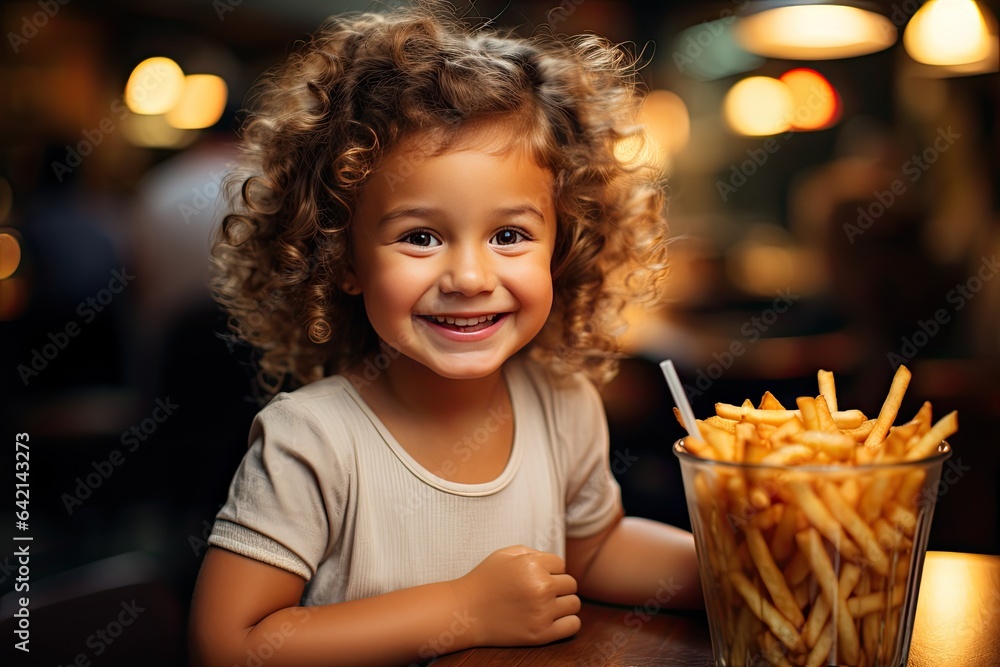 Beautiful laughing little girl sitting at table and eating French fries ...
