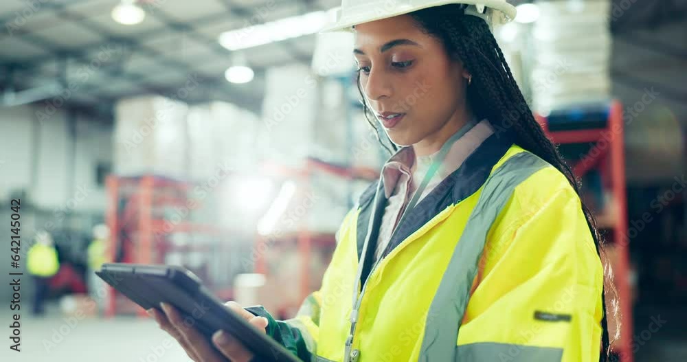 Engineering woman, tablet and warehouse inspection for commercial trade ...