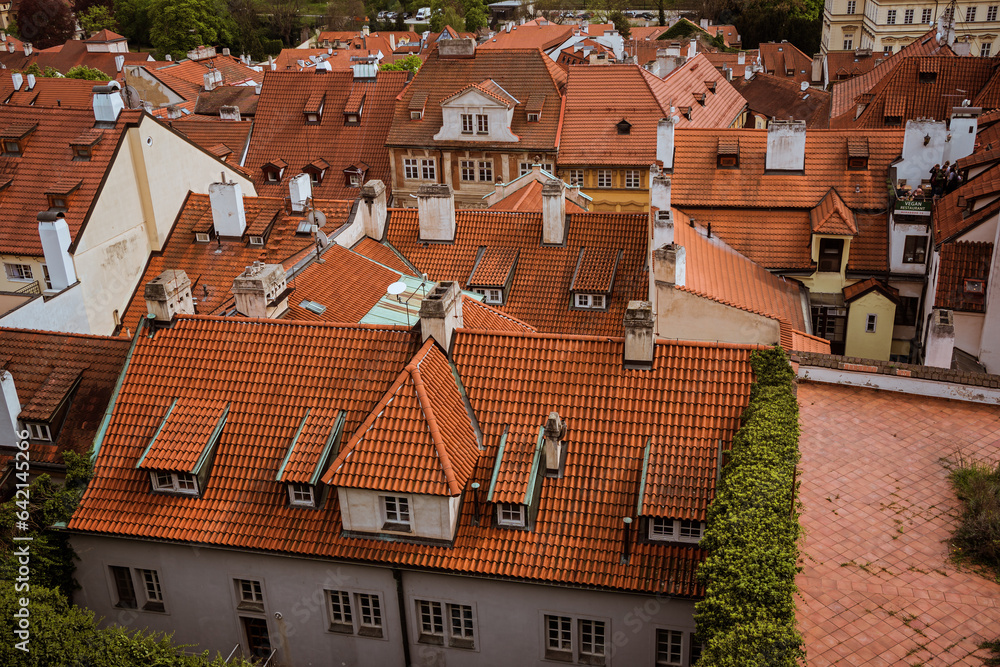 Top view to red roofs skyline of Prague city, Czech Republic. Aerial ...