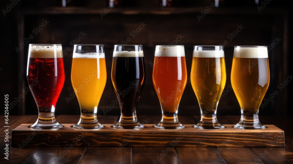 Glasses with craft beer on wooden bar. Tap beer in pint glasses ...