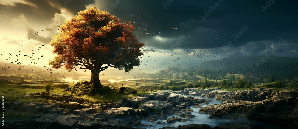 Big tree on the verge of drying up. The soil cracked from drying out ...