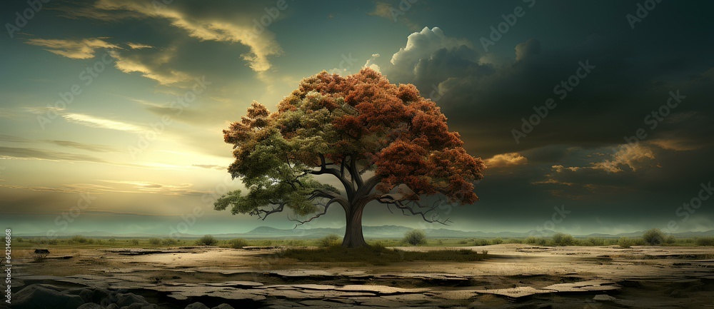 Big tree on the verge of drying up. The soil cracked from drying out ...