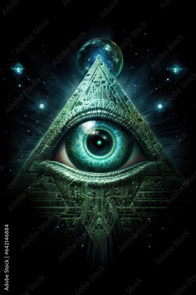 The Third Eye. Blue eye in a pyramid against cosmic background. Stock ...