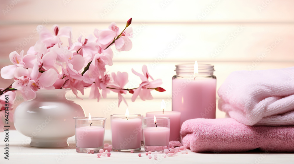 Beautiful spa salon pink composition in wellness center. Spa still life ...