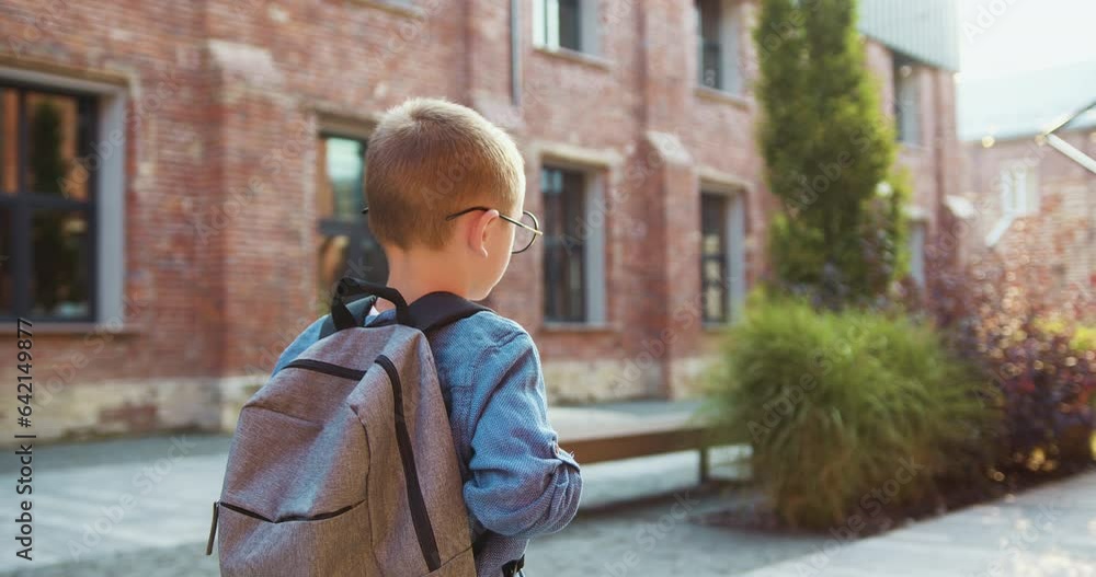 Back view. Schoolboy Little boy child with backpack alone going to ...