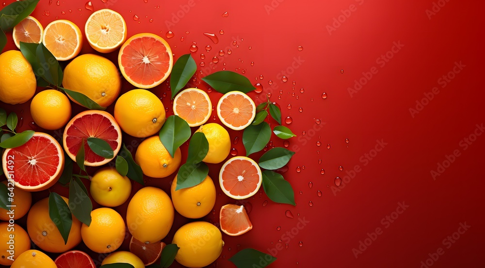 Overhead view of scattered blood oranges and oranges on red counter ...