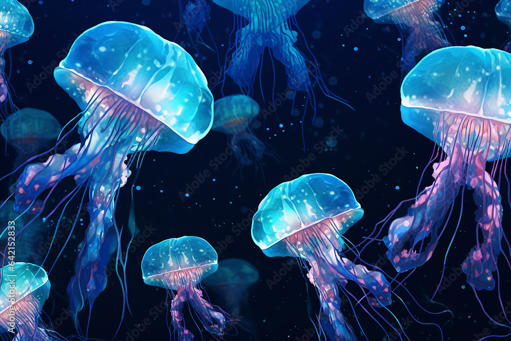 Beautiful seamless pattern with hand colorful jellyfishes on dark ...