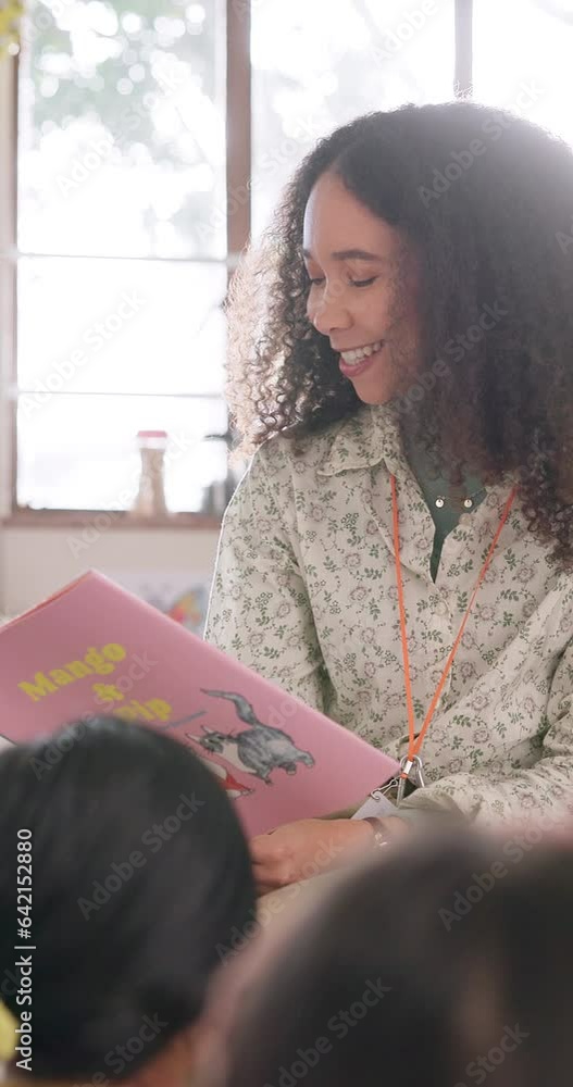 Reading, kids and teacher with book at school storytelling, learning or ...