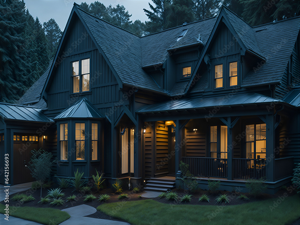 Eco-friendly house with rain barrels collecting rainwater from the roof ...