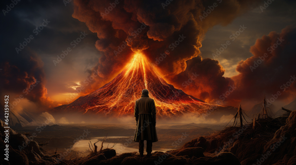 Generative AI, male scientist volcanologist on the background of an ...