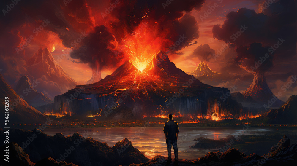 Generative AI, male scientist volcanologist on the background of an ...