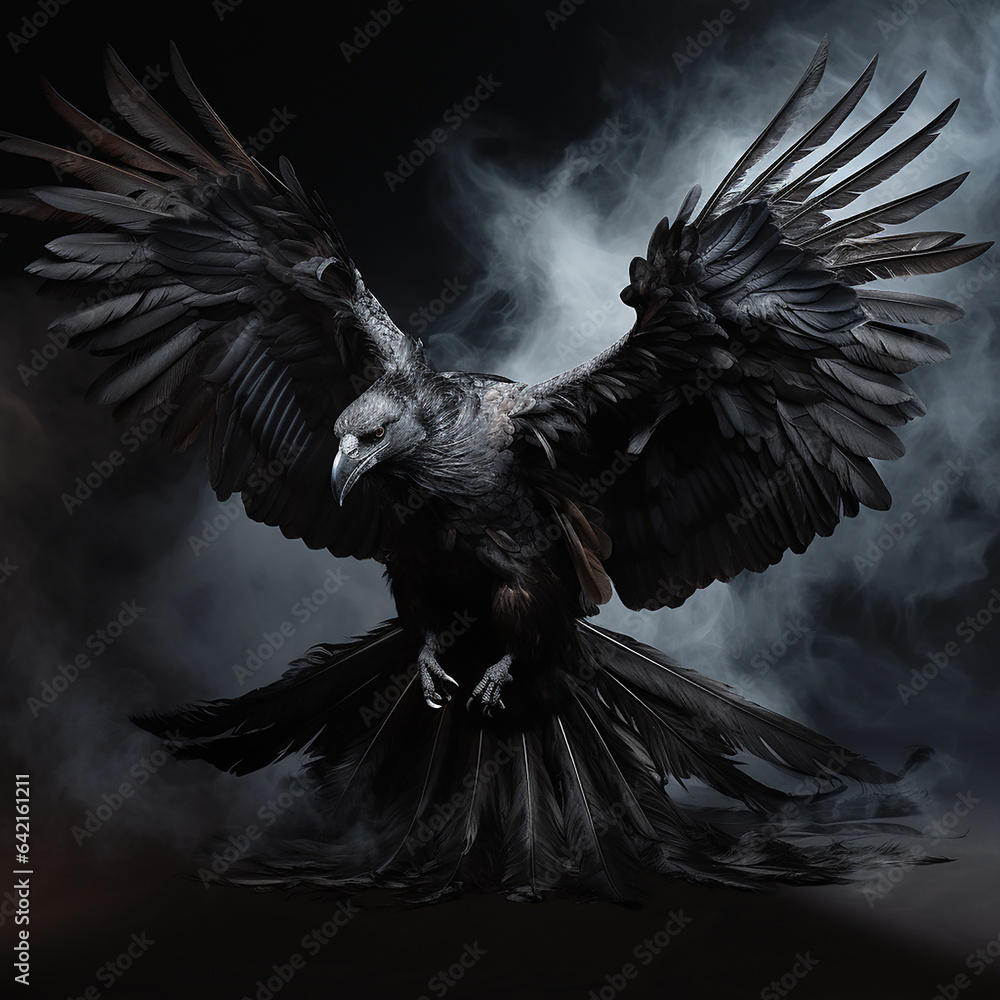 Scary background for halloween, contours of flying black raven in smoke ...