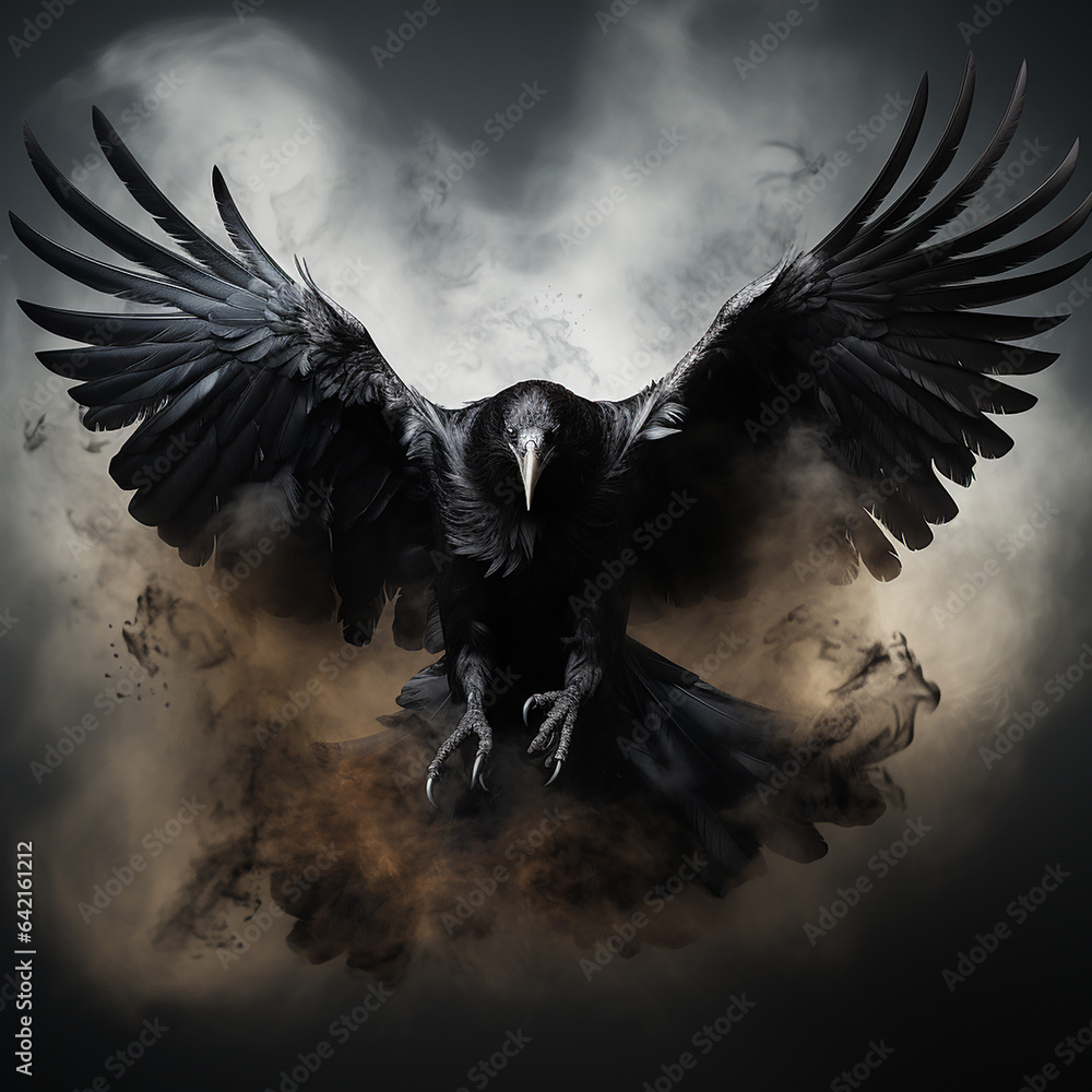Scary background for halloween, contours of flying black raven in smoke ...