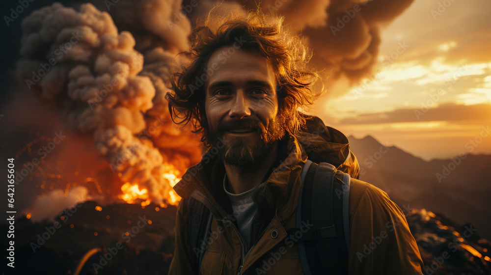 Generative AI, male scientist volcanologist on the background of an ...