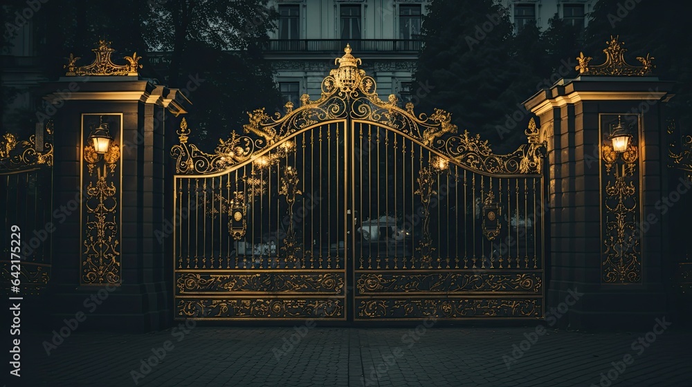 Golden gated entrance to a mansion, gold and black, night photography ...