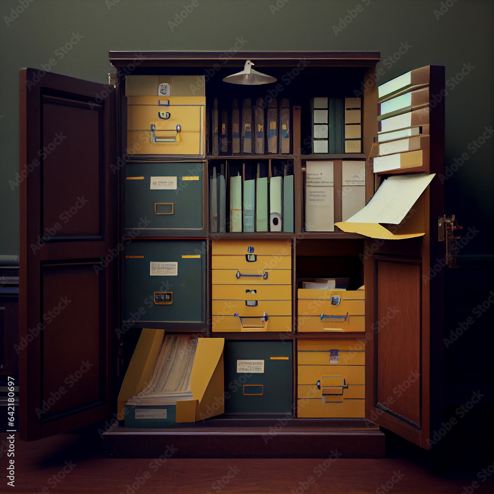Wardrobe with drawers. Archiving; saving documents and workflow concept ...