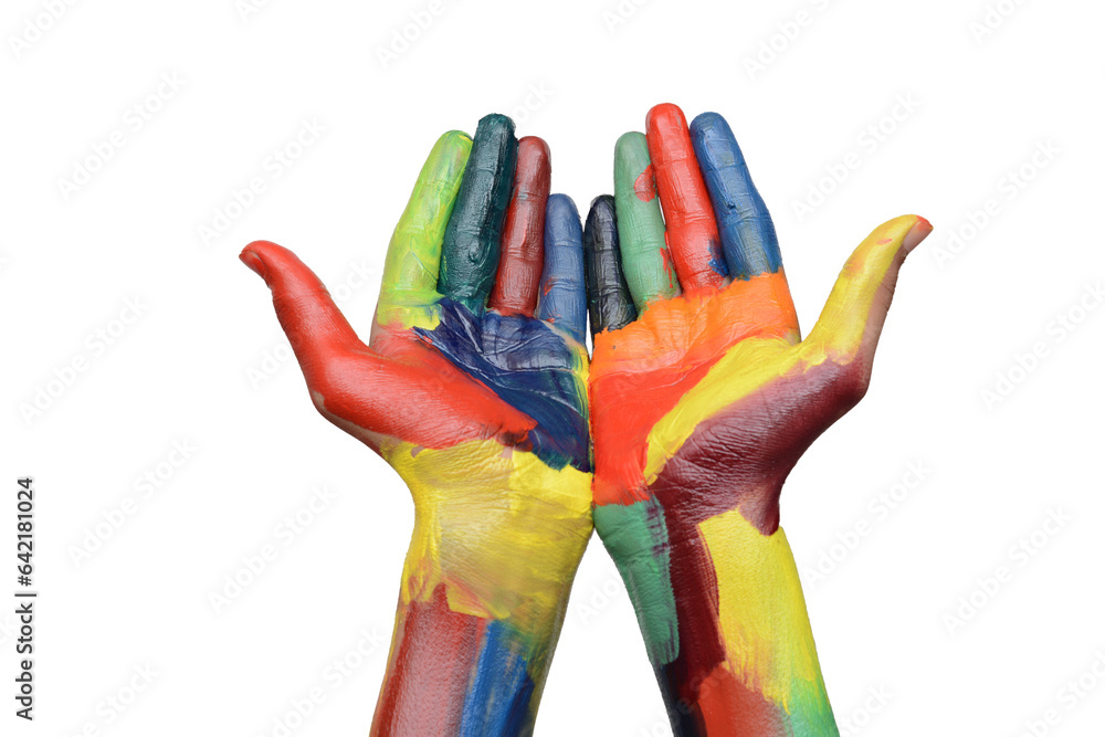 colorful painted hands isolated on transparent background in prayer ...